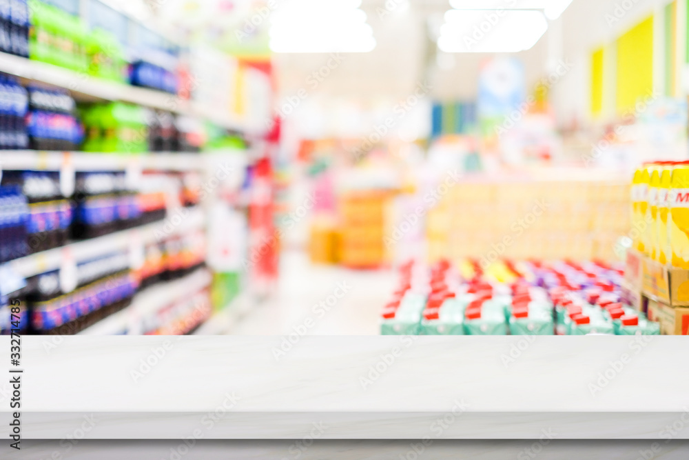 Grocery background, Empty white table top, counter, desk over blur ...