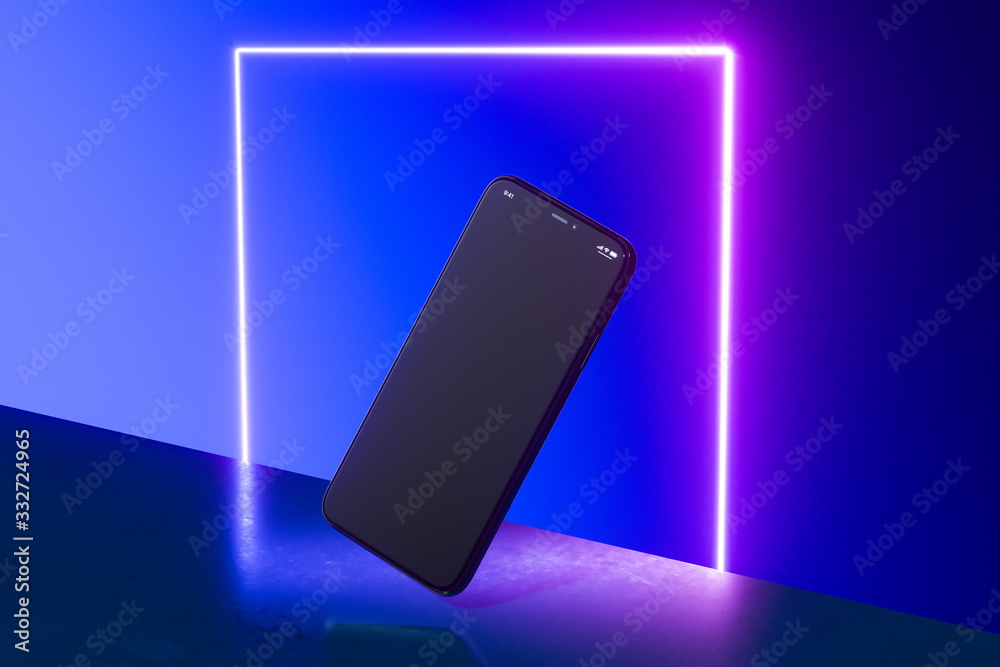 Mobile Phone With Blank Screen On Neon Frame Background. Device ...