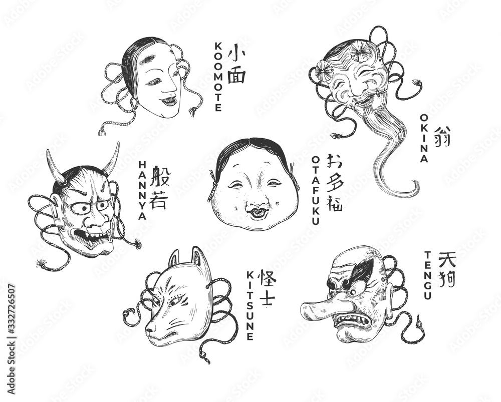 Japanese festival demon masks set Stock Vector | Adobe Stock