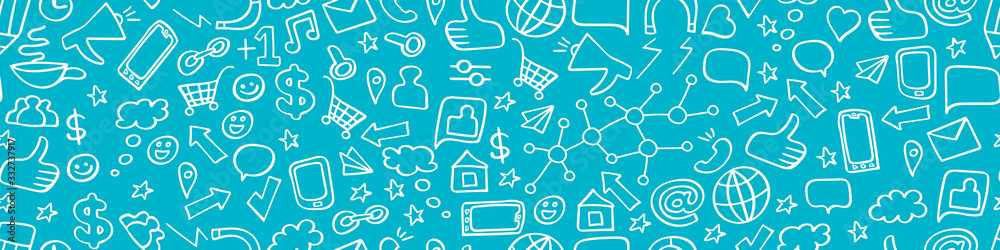 Seamless horizontal border with hand drawn social media elements on ...