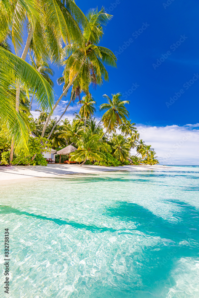 Beautiful beach with palm trees and moody sky. Summer vacation travel ...