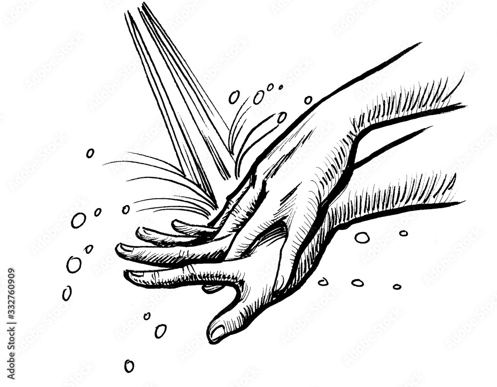 Hand washing in running water. Ink black and white drawing Stock ...