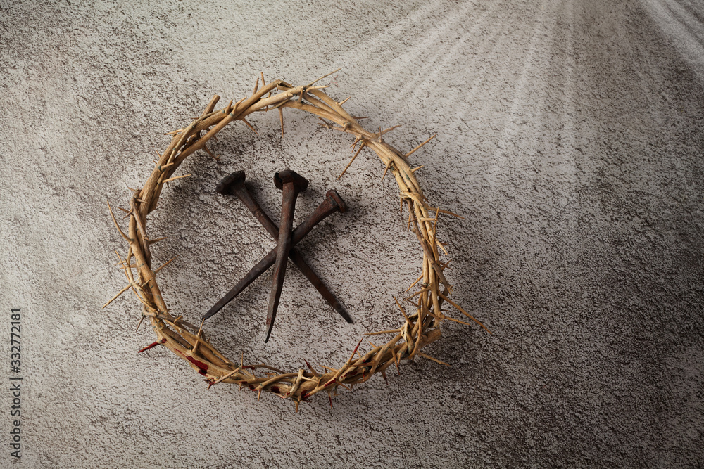Jesus Christ Crown of thorns with three nails. Religion background ...