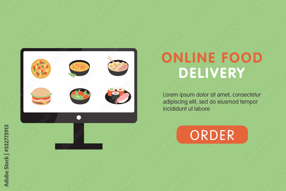 Online food delivery banner design. Order food online using computer ...