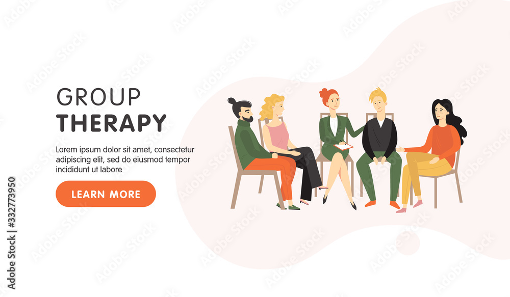Group therapy session landing page. Men and women sitting on chairs and ...