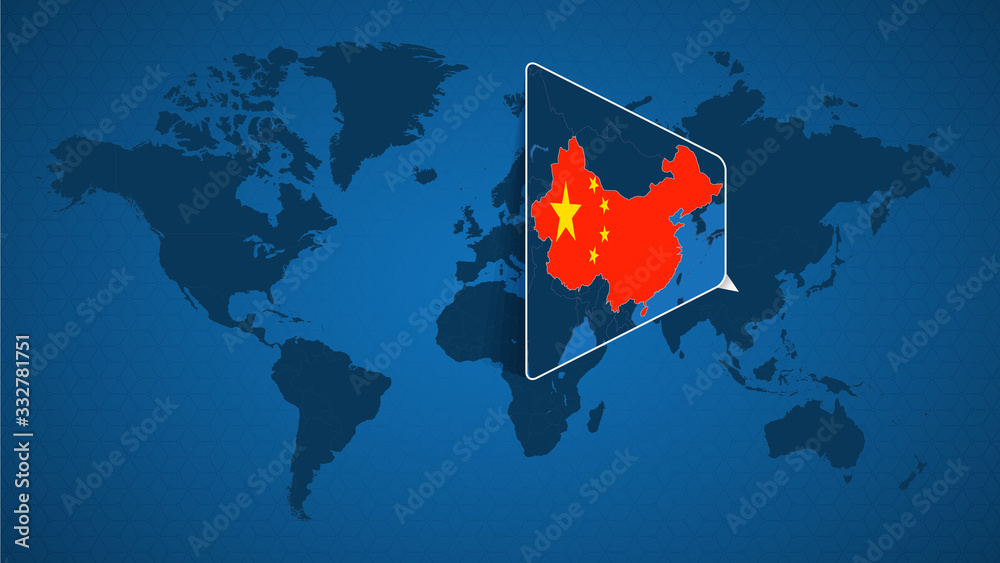 Detailed world map with pinned enlarged map of China and neighboring ...