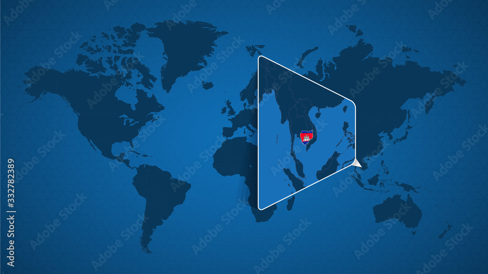 Detailed world map with pinned enlarged map of Cambodia and neighboring ...