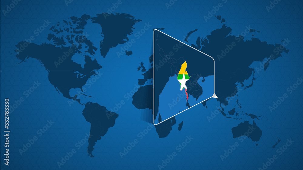 Detailed world map with pinned enlarged map of Myanmar and neighboring ...