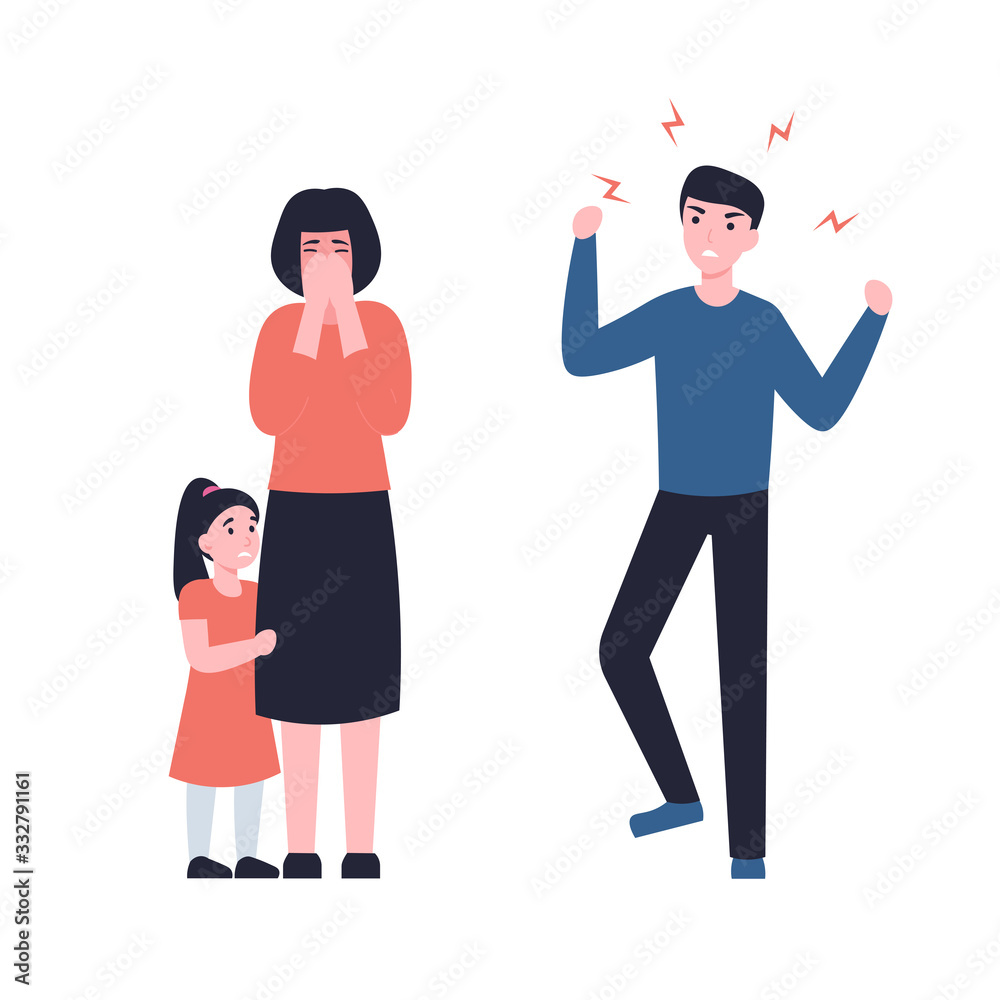 Father yells at mother, she is crying, child hugs mom. Concept flat ...