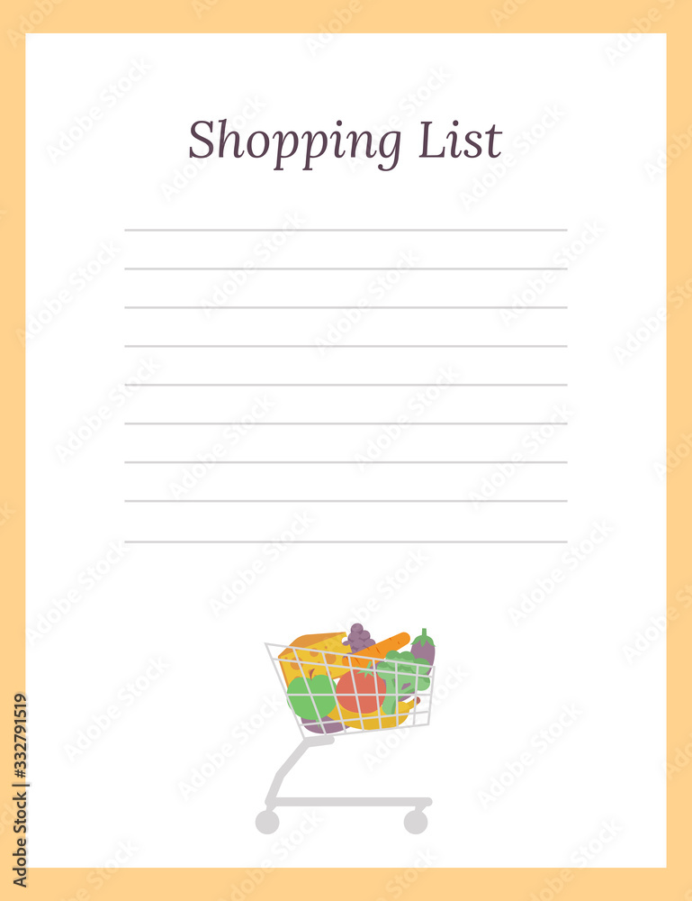 Grocery List template with vegetables in cart. Flat vector illustration ...