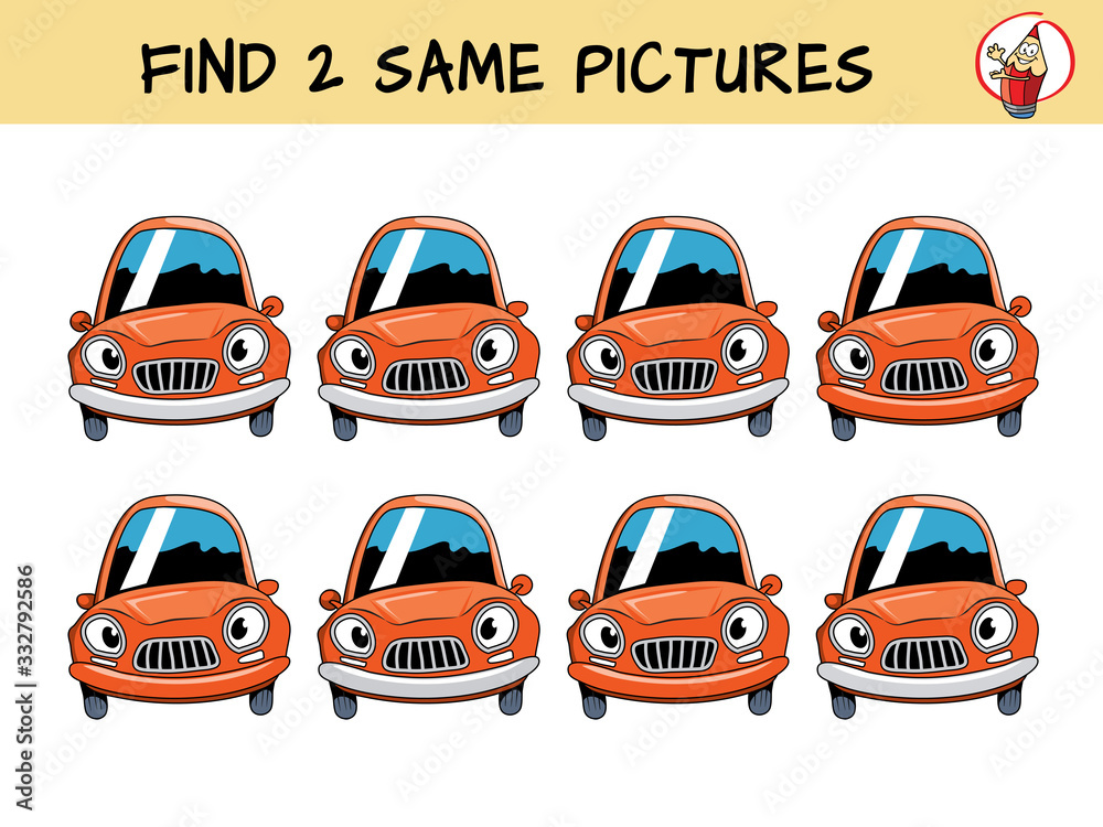 Funny cars with eyes. Find two the same pictures. Educational matching ...