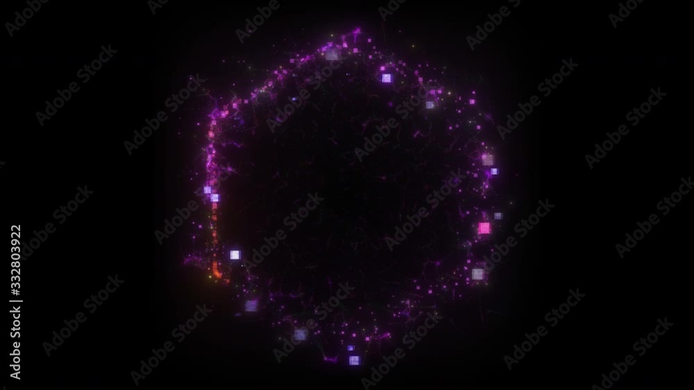 Seamless loop. Animation of a violet hexagonal portal consisting of glitched squares and energy ...