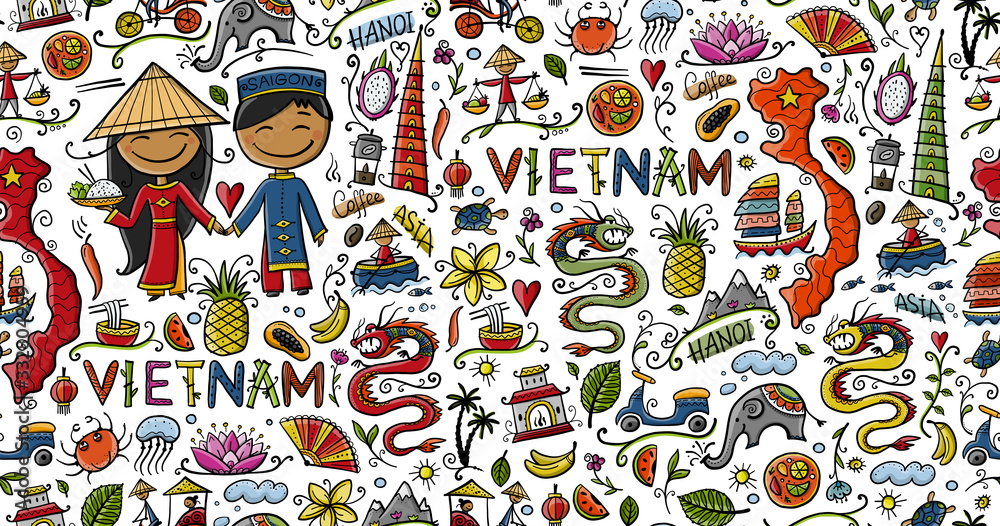 Travel to Vietnam. Seamless pattern with traditional Vietnamese ...