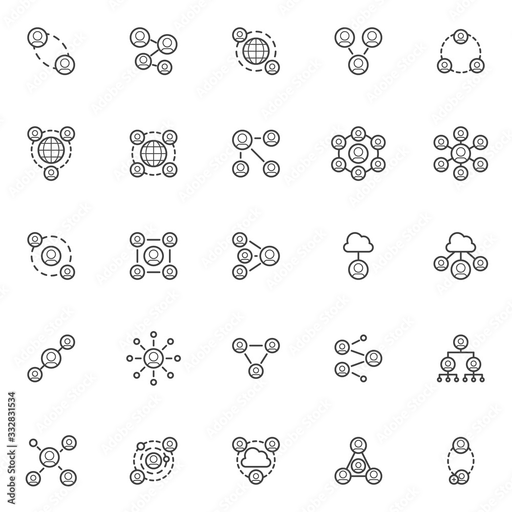 Social network connection line icons set. Connected people linear style ...