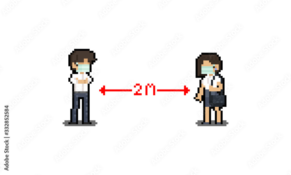 Pixel art cartoon man and woman character doing 2 meter socail distance ...