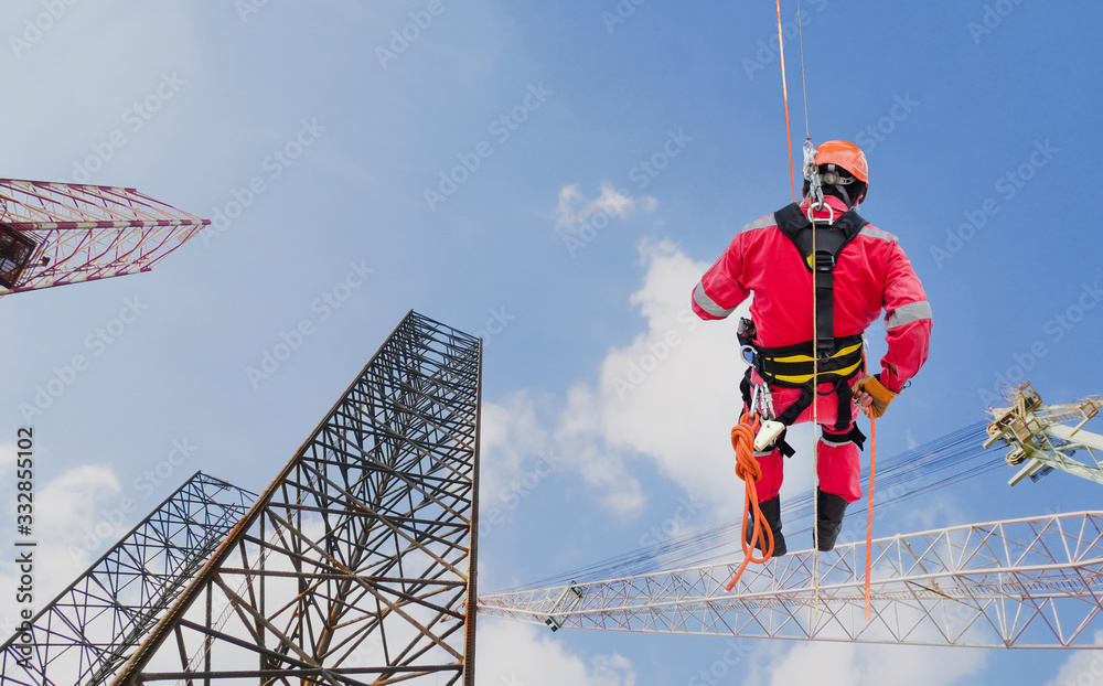 rope access, Safety man worker Abseiling or demonstration from tower ...