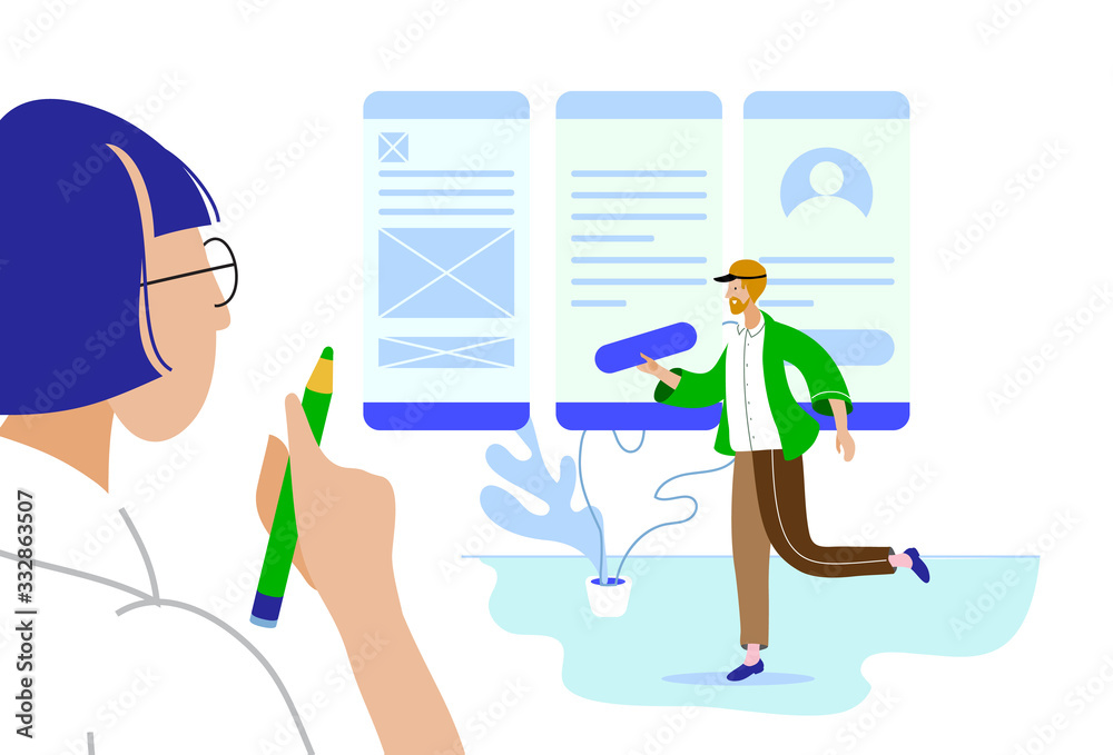 Isometric concept a young woman creates a custom design for a mobile ...