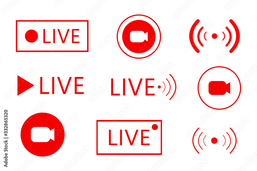 Set of live streaming icons. Set of Live broadcasting icons. Button, red symbols for news, TV ...