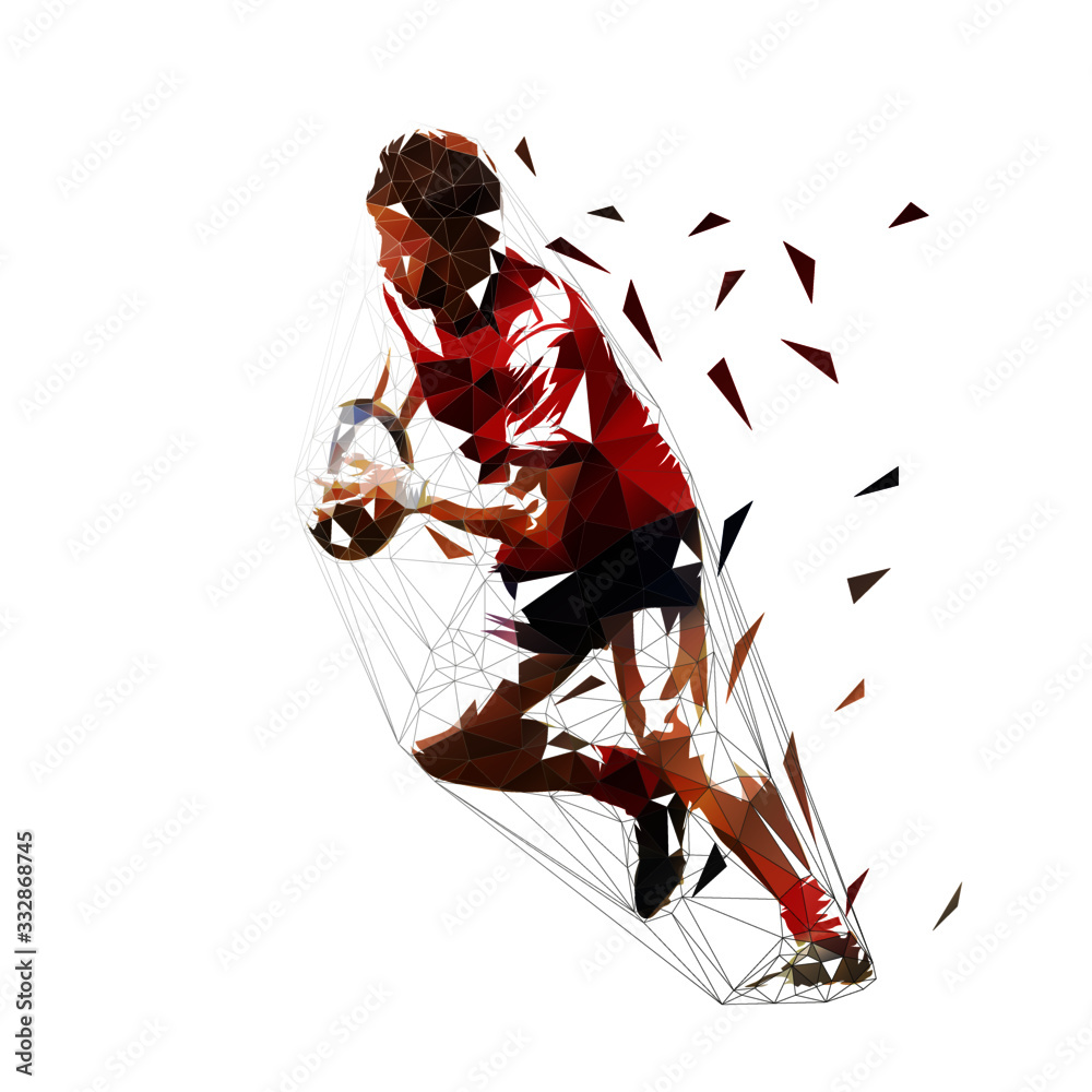 Rugby player running with ball, low poly isolated vector illustration ...