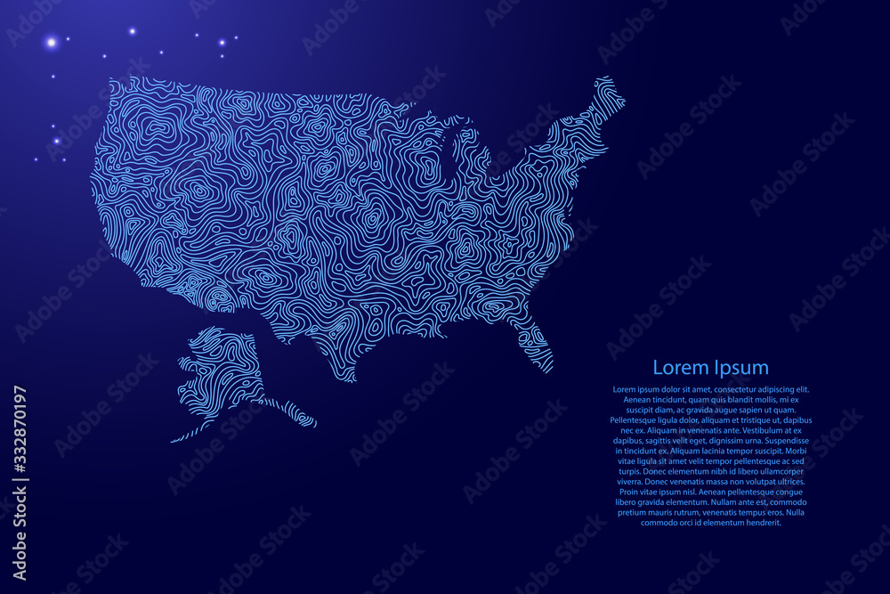 United States of America, USA map from blue isolines or level line ...