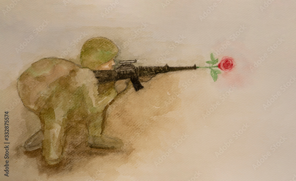 Watercolor hand painting of soldier wear camouflage shirt and helmet ...