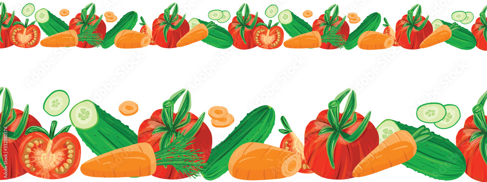 Seamless border with fresh vegetables carrot, tomato and cucumber on ...