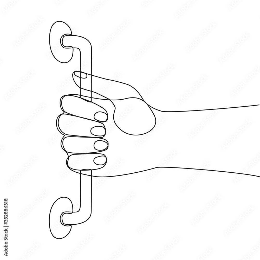 Hand opens the door one line drawing on white isolated background ...