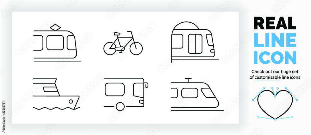 Editable real line icon set of the side view of public transport in ...