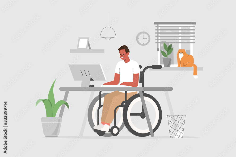 Disabled Person in Wheelchair Working on Computer Desk in Home Office ...