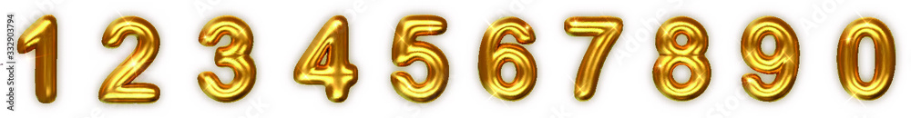 Golden metal numbers set isolated on white. Realistic gold shiny numbers 1,2,3,4,5,6,7,8,9,0 ...