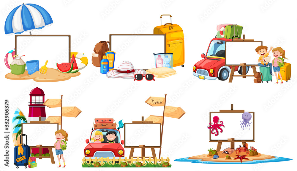 Six different designs of whiteboard with summer theme background Stock ...