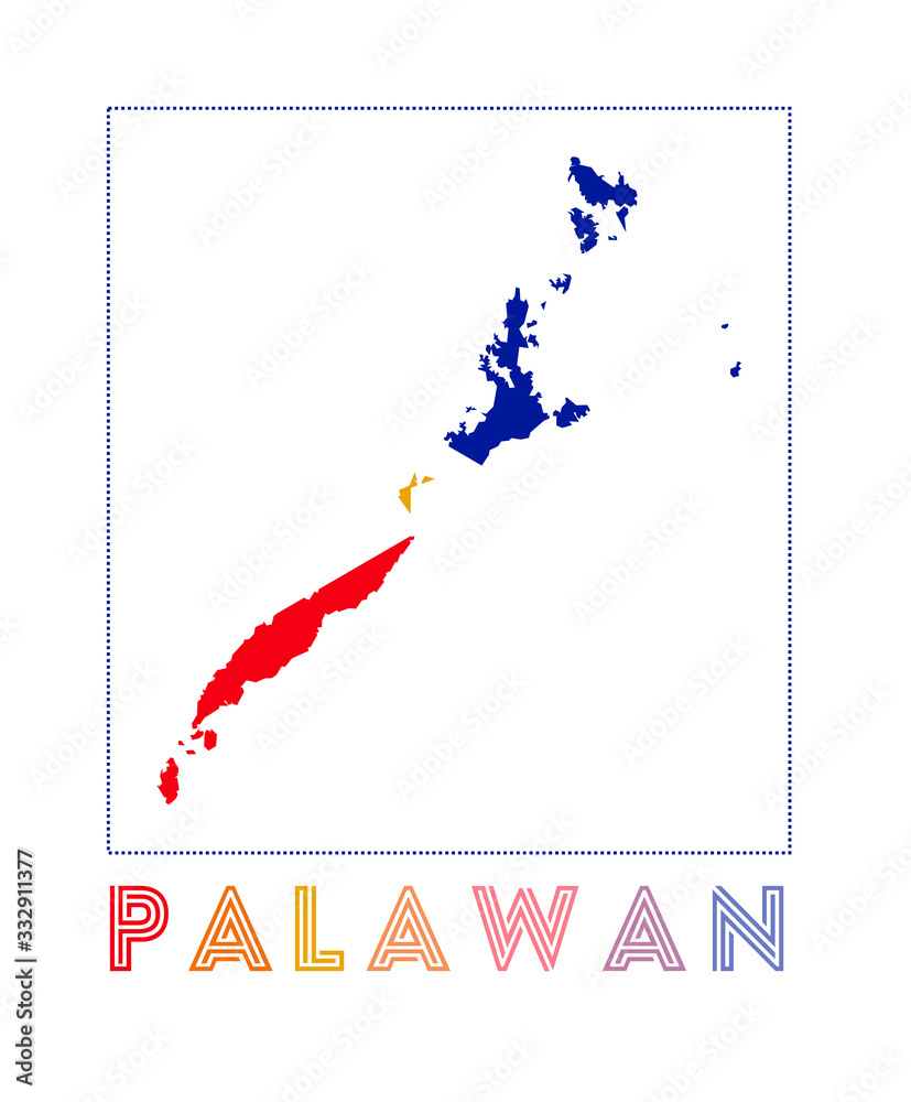 Palawan Logo. Map of Palawan with island name and flag. Radiant vector ...