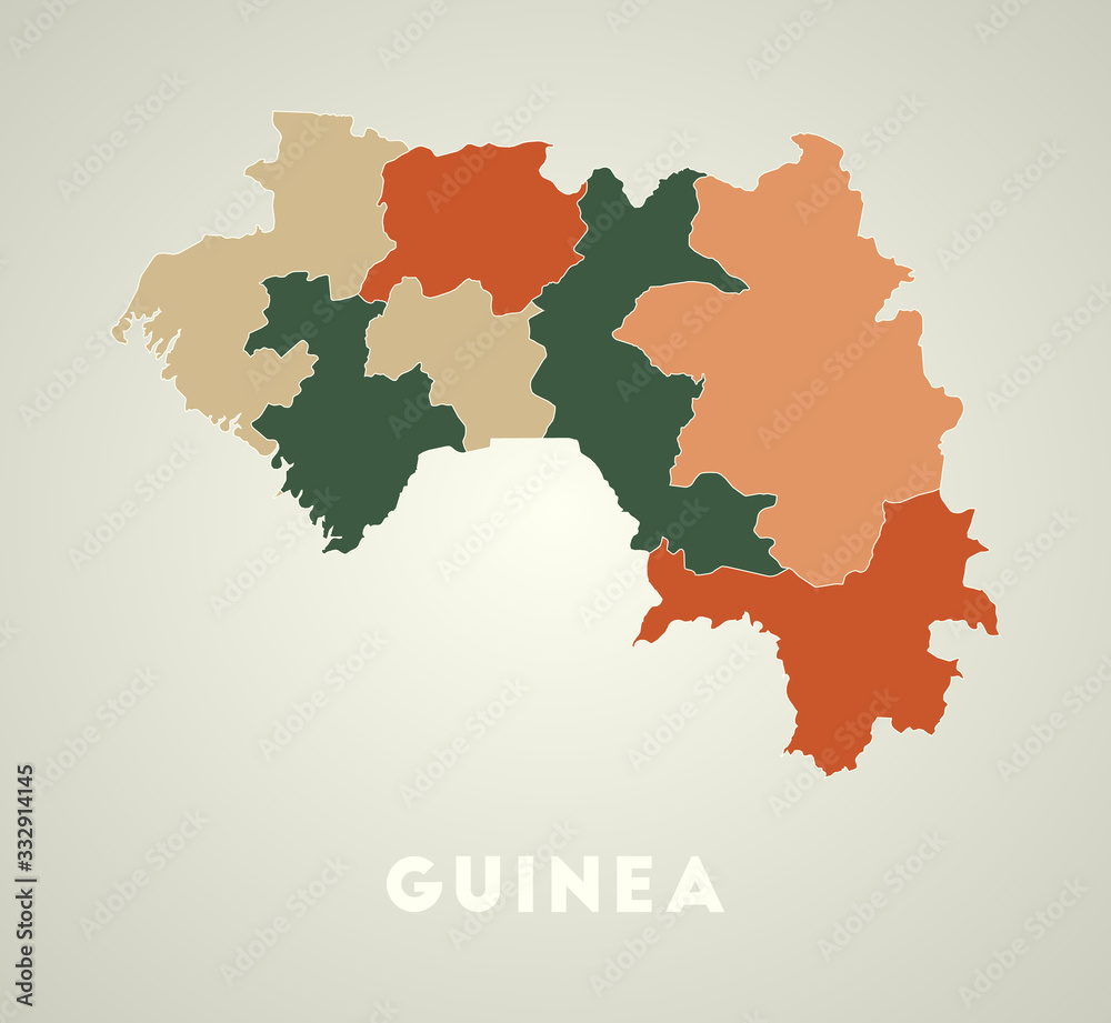 Guinea poster in retro style. Map of the country with regions in autumn ...