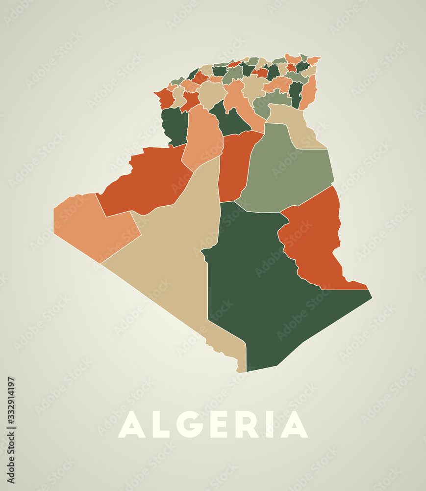 Algeria poster in retro style. Map of the country with regions in ...