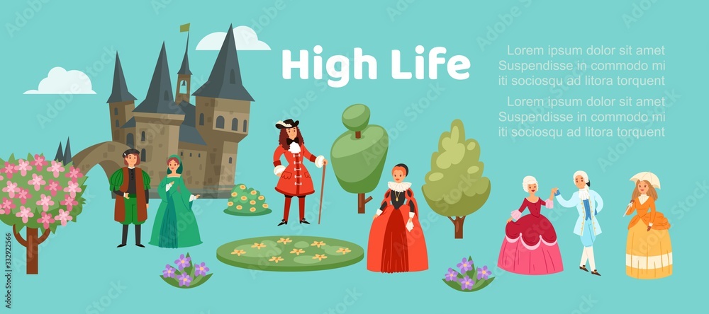 High life people in renaissance clothing woman man cartoon character in ...