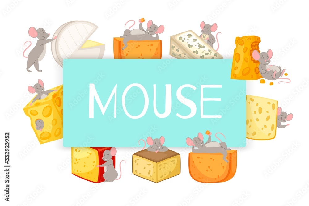 Mice and pieces of cheese vector cartoon illustration of mouse happily ...