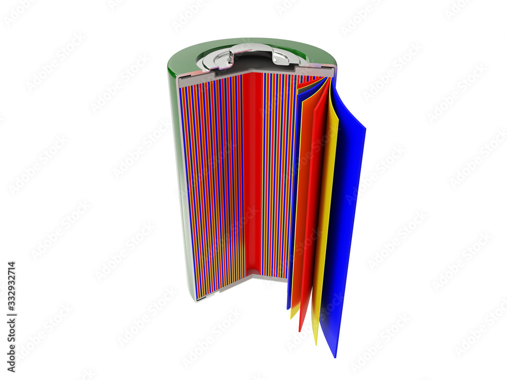 Lithium Ion battery with cut-away (cross-section) showing internal ...