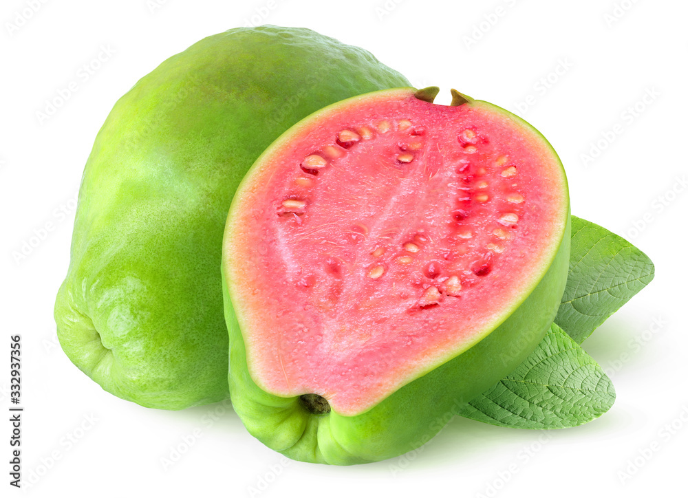 Isolated green pink fleshed guava. Whole green guava fruit and a half ...