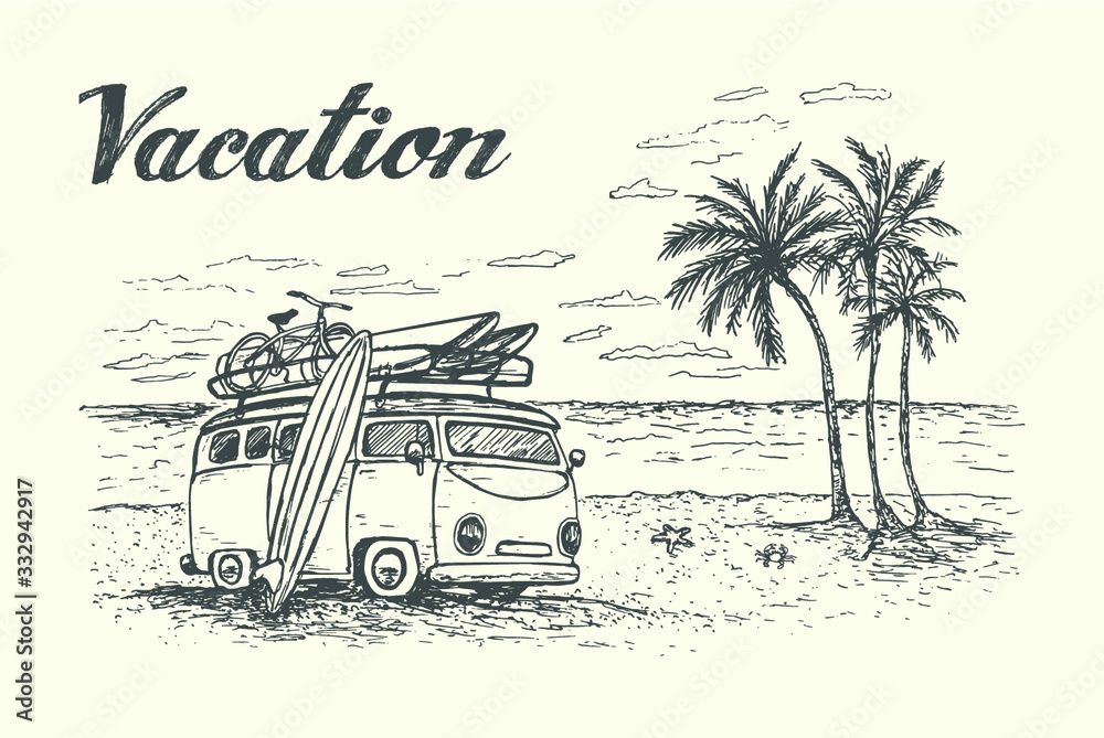 Vacation scene with cartoon van, equipment and beautiful beach on ...