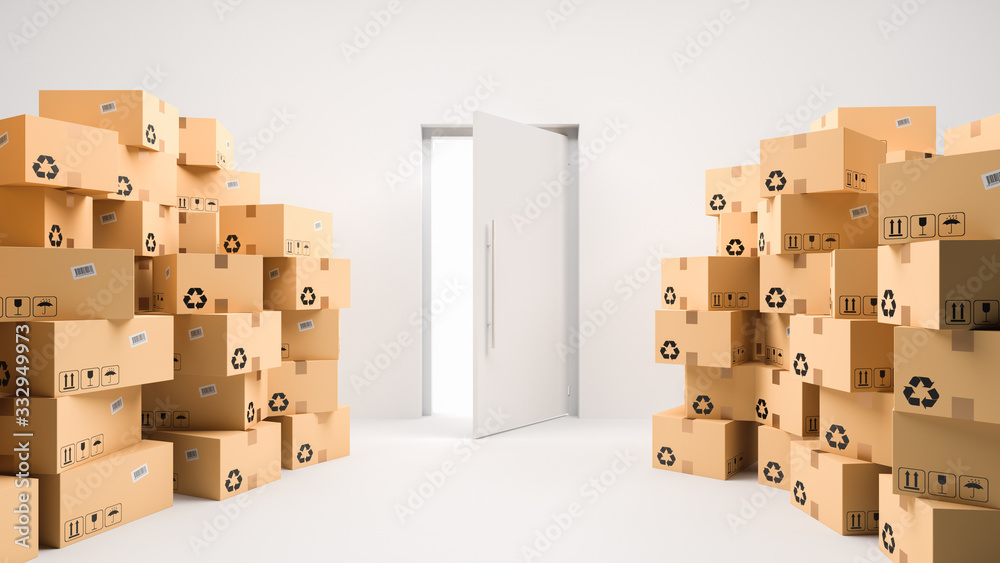 Cardboard boxes on floor in white room and open door. Logistics and ...
