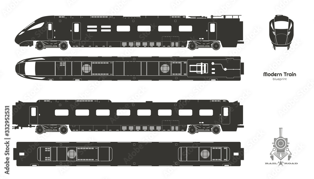 Black silhouette of modern train. Side, top and front views. Isolated ...
