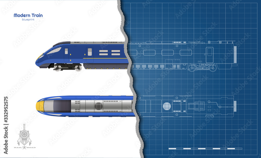 Isolated blueprint of blue modern train. Side and top views. Realistic ...