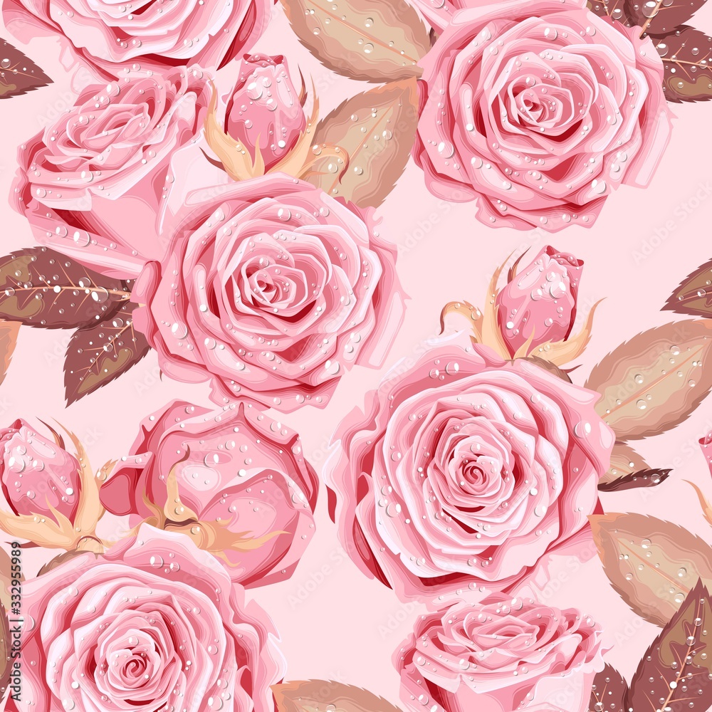 Vintage vector seamless pattern with pink roses Stock Vector | Adobe Stock