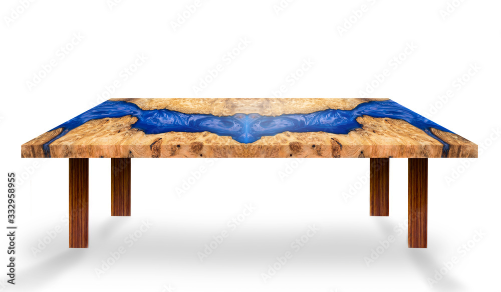 Table modern style made of casting epoxy blue resin maple burl wood ...