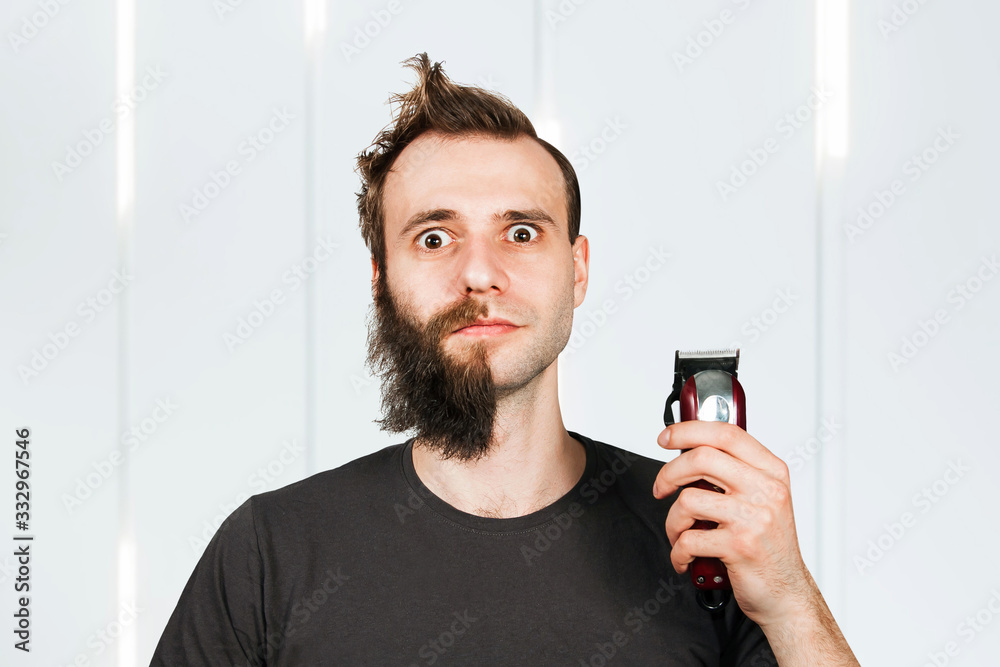Before - after and half hair. Handsome bearded man trimming his beard ...
