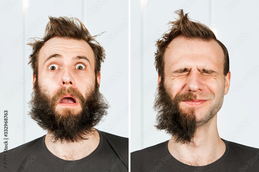 guy with half beard and without hair loss. Man before and after shave ...