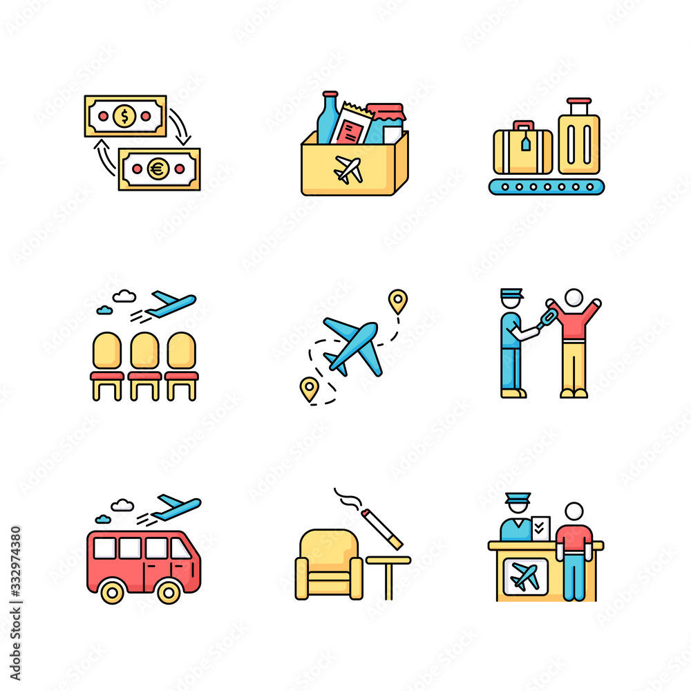 Airport terminal RGB color icons set. Waiting lobby for passengers ...