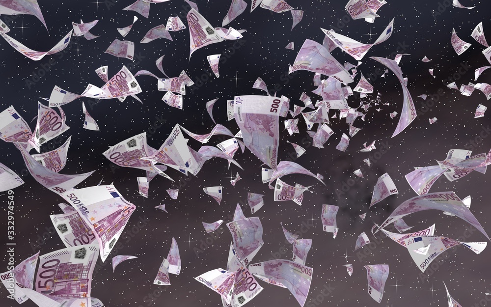 Flying euro banknotes on a outer space starry background. Money flying ...