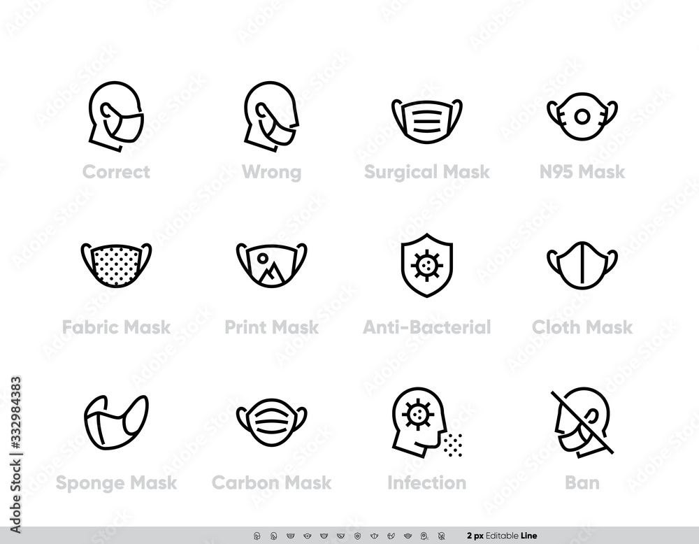 Protective Medical Face Mask icon set. Safety breathing Masks Surgical ...