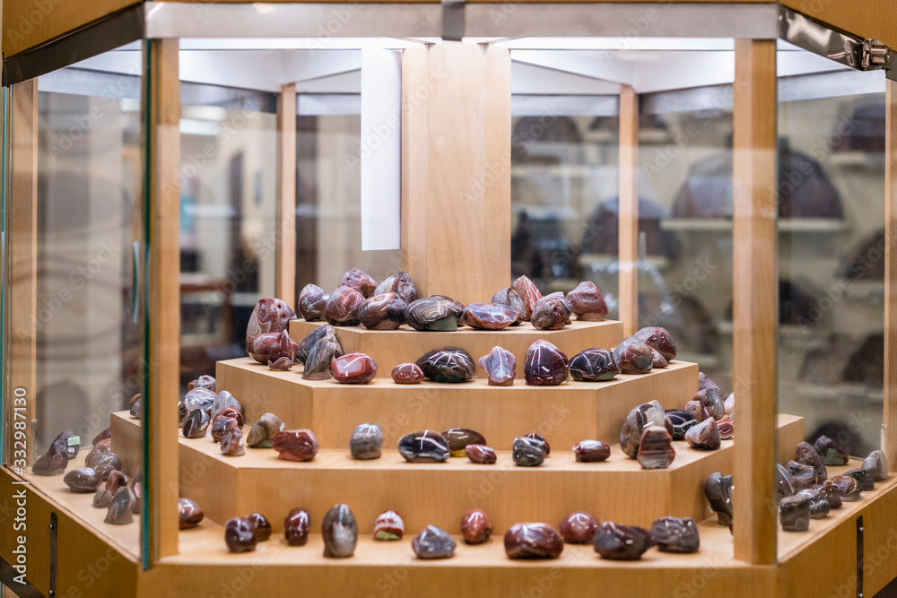 Geology display of polished rocks in natural history museum Stock Photo ...